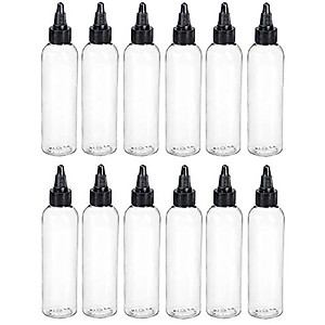 Premium Essential Oil 4 Ounce Cosmo Round Bottles, PET Plastic Empty Fillable BPA-Free, with Black Twist Caps (Pack of 12) (Clear)