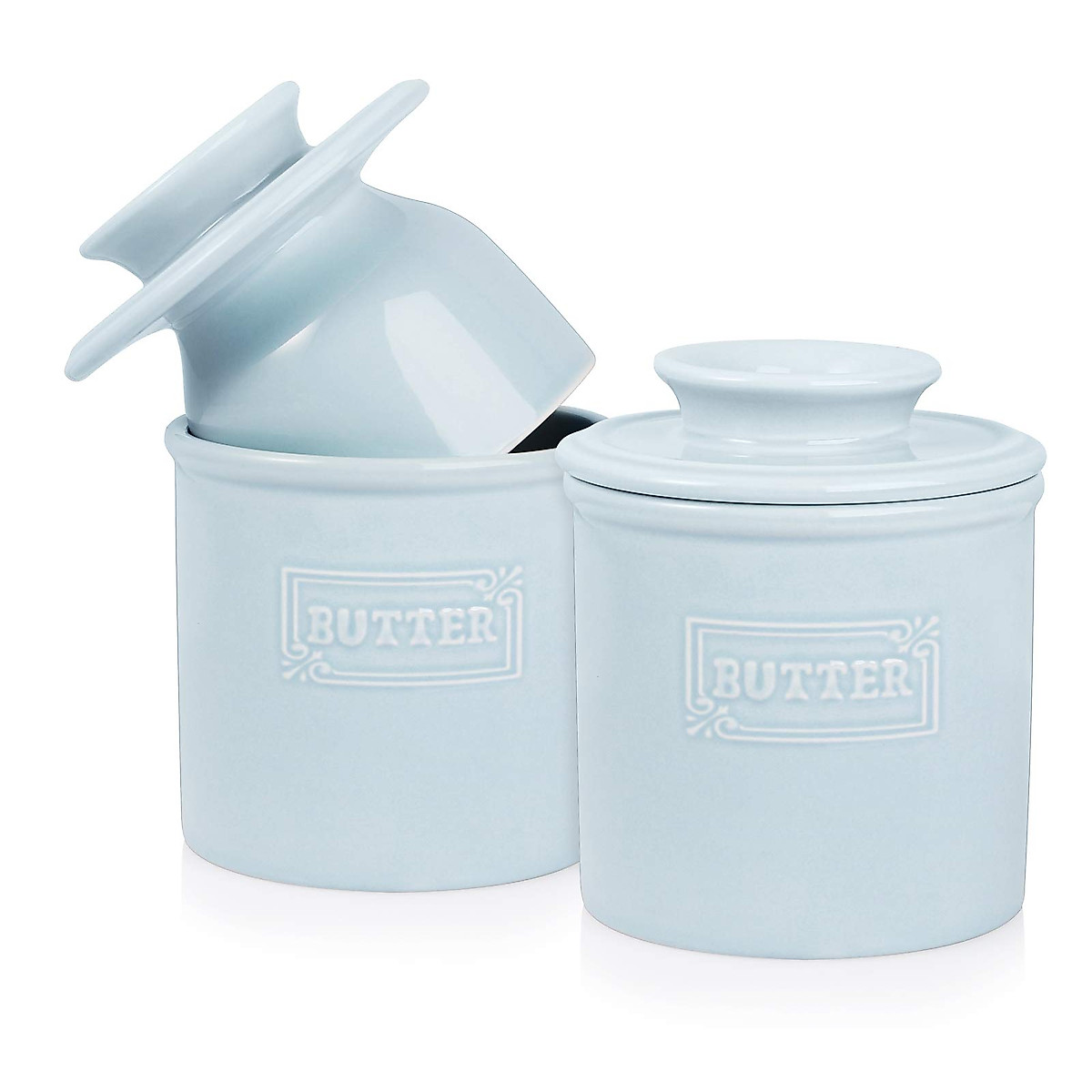 AVLA 2 Pack Ceramic Butter Crock, French Butter Dish with Water Line, Butter Keeper Butter Container for Countertop, Big Capacity, Aqua Blue
