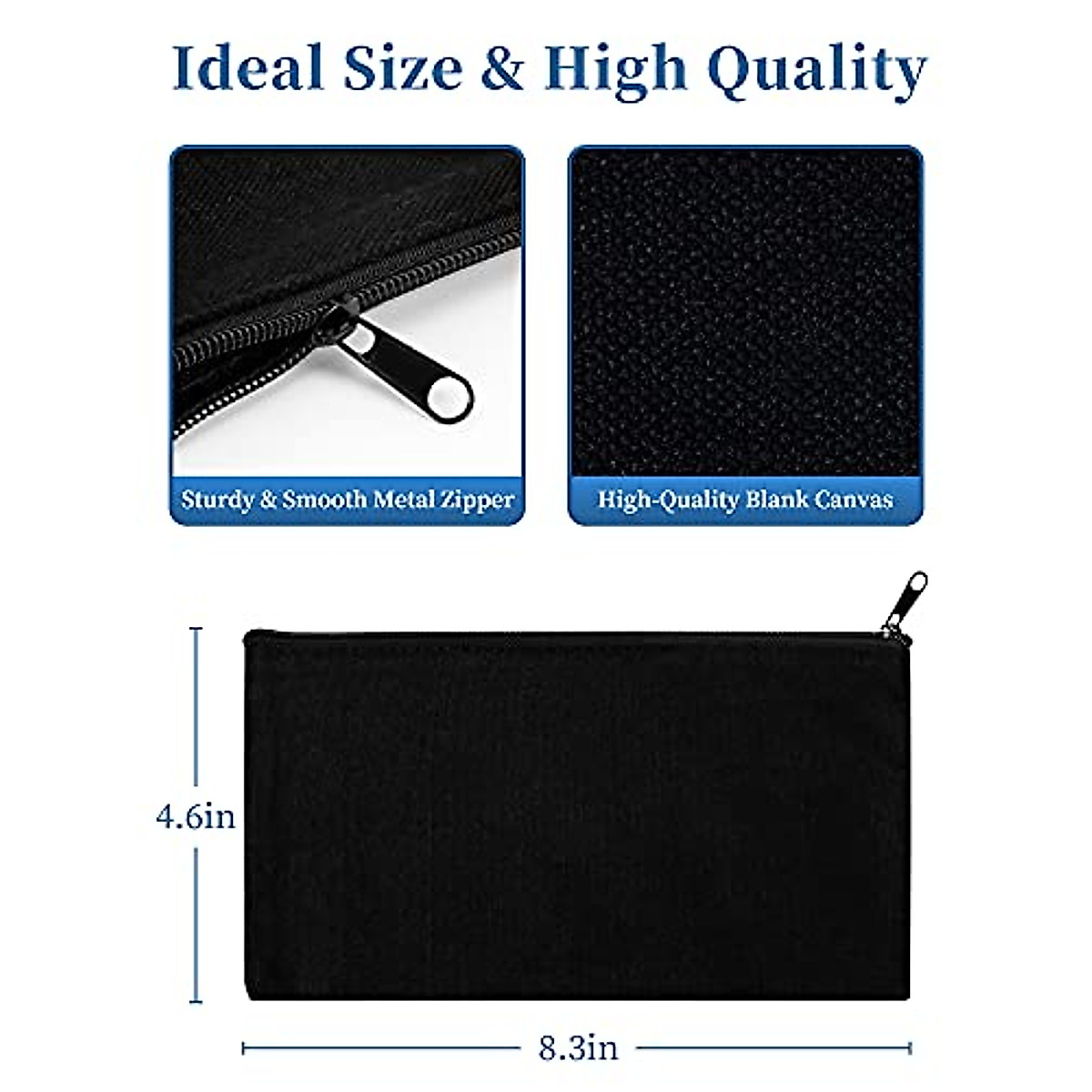 SMARTAKE 16-Pack Canvas DIY Craft Zipper Bags Blank Makeup Bags, Multipurpose Cosmetic Travel Toiletry Pouch for Office, Cash, Bill, Receipt Storage, 8.3’’ x 4.6’’ (Black)