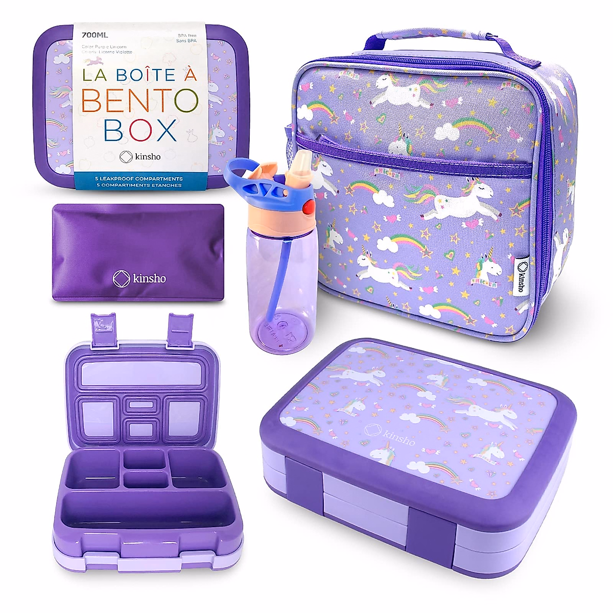 Bento Box with Insulated Lunch Bag, Ice Pack & Water Bottle Set for Kids - 5 Leakproof Compartments, Lunches or Snack Container Girls, Toddlers Daycare Pre-School, Kindergarten Purple Unicorn