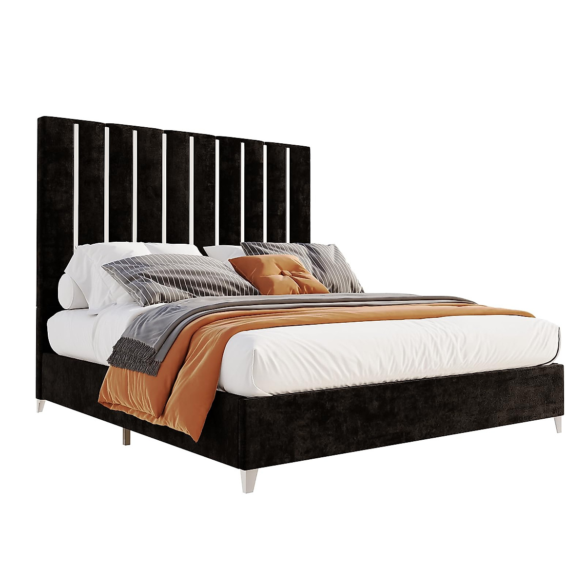 AMERLIFE King Bed Frame with 58" Tall Headboard, Silver Mirror-Plated Trim Platform Bed with Velvet Upholstered, Modern and Luxury Bed, No Box Spring Needed, Black