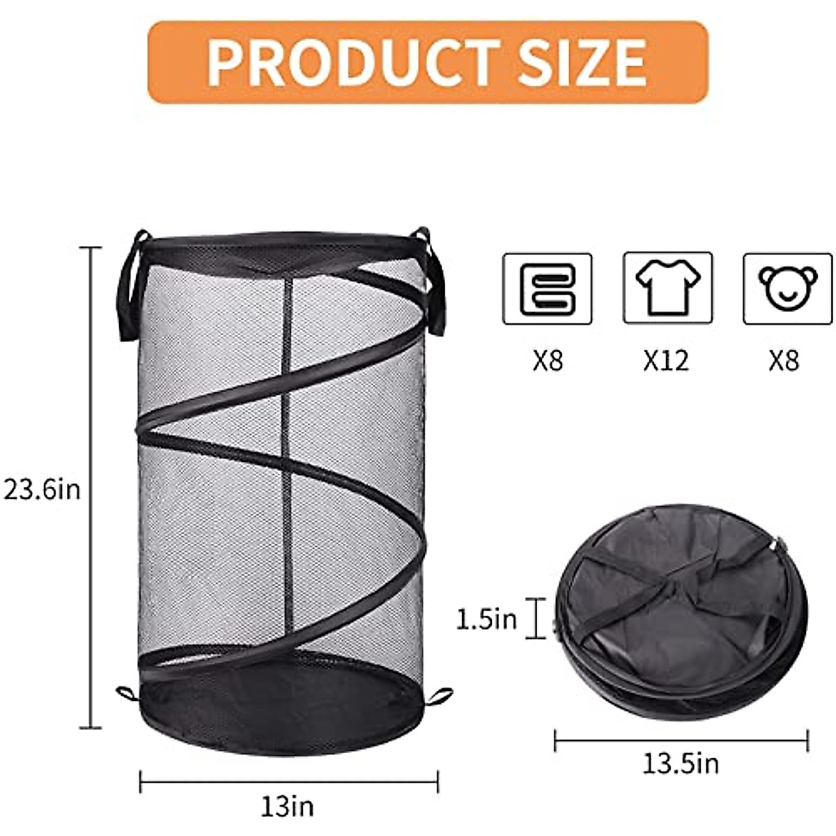 Collapsible Mesh Popup Laundry Hamper, Foldable Dirty Clothes Basket w/Strong Carry Handles/Solid Bottom/High Carbon Steel Frame/Storage Bag, Great for Kids Room/College Dorm/Travel, Round, Black
