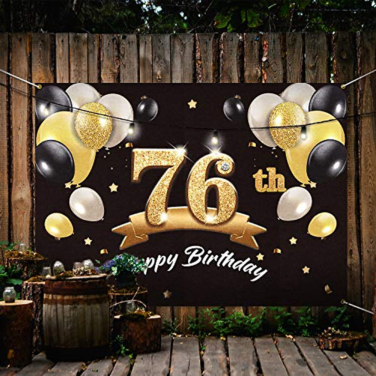 PAKBOOM Happy 76th Birthday Banner Backdrop - 76 Birthday Party Decorations Supplies for Men - Black Gold 4 x 6ft