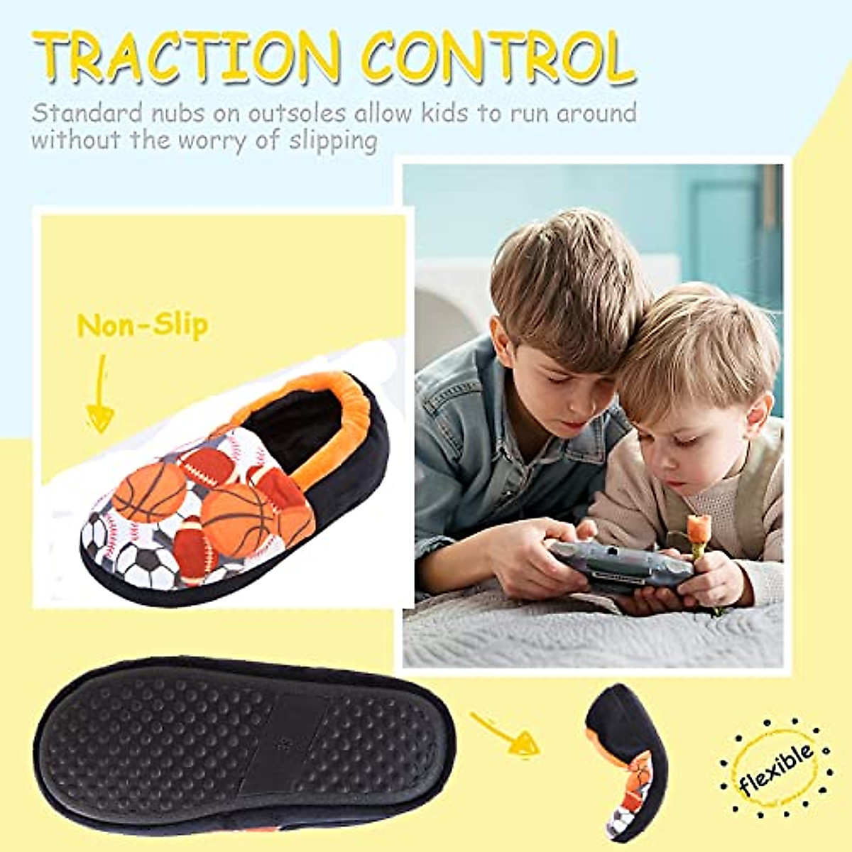 Little Kids Big Boys House Slippers, Kids Warm Slip On Home Slippers with Soft Memory Foam Cute Winter Nonslip Indoor Football Slippers