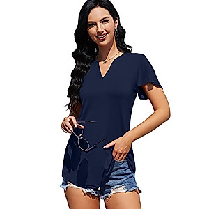 Leafsay Womens Summer Tops V Neck Ruffle Short Sleeve Tshirts Casual Tunic Tops Business Blouses for Women Navy Blue