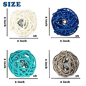 DomeStar Rattan Ball with Jingle Bell, 24PCS Wicker Ring Balls 2 Inches Natural Decorative Wicker Rattan Balls Orbs Vase Fillers Blue, White, Grey and Cerulean