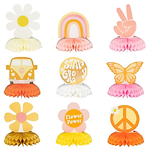 A1diee 9Pcs Groovy Hippie Boho Party Honeycomb Centerpieces Retro Boho Rainbow Daisy Flower Butterfly Peace Theme Table Topper Birthday Party Decoration for Girls Teens Baby Shower Photo Booth Props