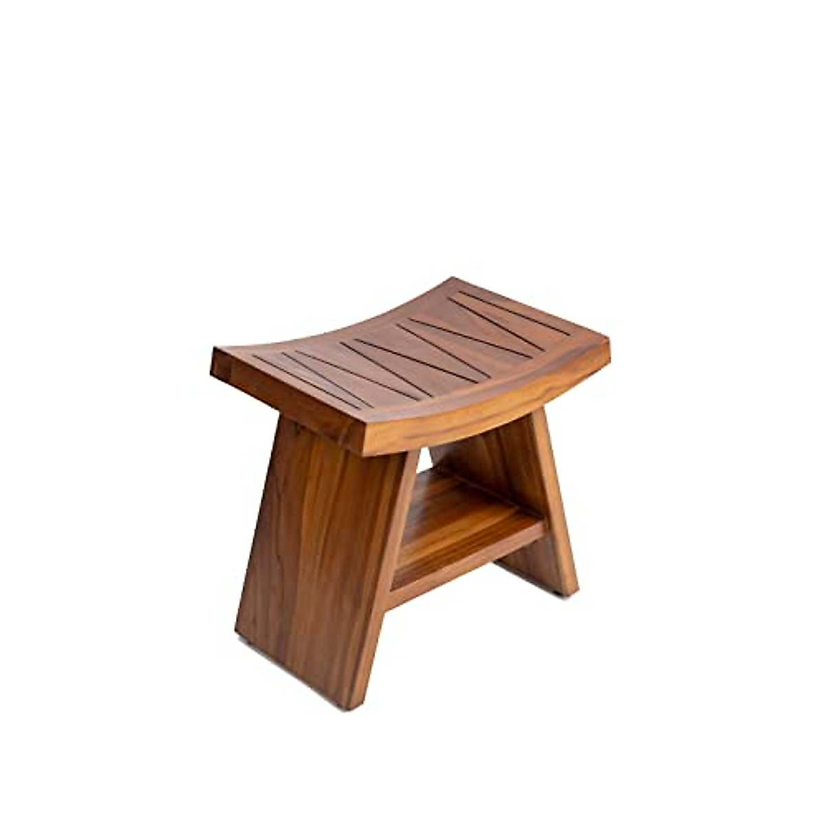 The Teaky Hut Teak Wood Waterproof Shower Bench - with Shelf, Curved, 18 Inch, Wooden Seat Stool for Bathroom, Spa, Garden, Fully Assembled