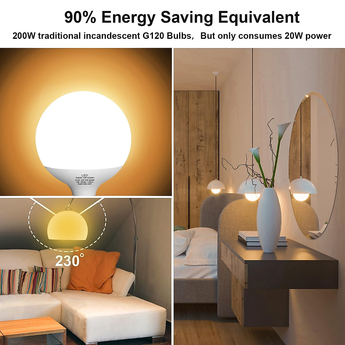 Jardhom LED Light Bulb,G120 Globe Bulb,15W (150W Equivalent) Globe Light Bulbs,Daylight 5000k Led Bulb,Non-Dimmable,E26 Base Large Decorative Lamp,1100 Lumer, for Indoor Room Lighting Globe Light