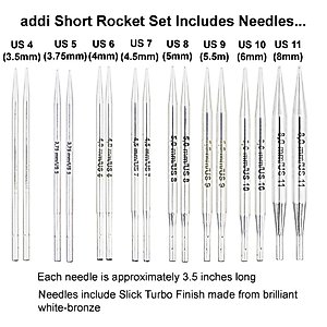 addi Click Rocket Lace Short 3.5-Inch Interchangeable Circular Knitting Needle Set Sizes US 4, 5, 6, 7, 8, 9, 10 and 11 with 5 Blue Cords, Brown Canvas Case with Project Bag