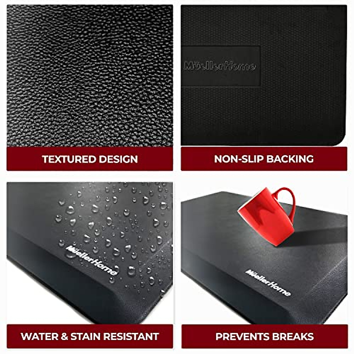 Mueller Anti Fatigue Mat, 3/4" Thick, Waterproof 20x35 Kitchen Mats for Floor, Anti-Slide Standing Desk Mat & Office Floor Mat, Heavy Duty PVC Ergonomic Foam Mat, Black Leather-Look Design