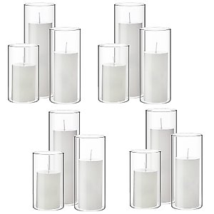 Shihanee Set of 12 Pillar Candles and Glass Cylinder Vases Clear Cylinder Candle Holders for Slim Pillar Candles Wedding Centerpieces (White, 2.6'' X 4.7'', 5.9'', 7.9'')