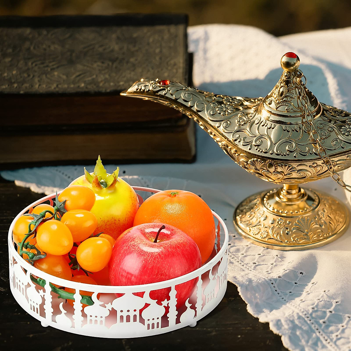 Sumind 3 Pcs Ramadan Serving Trays Eid Mubarak Round Metal Food Trays Crazy Night Islam Eid Mubarak Plates Food Storage Containers for Eid Islamic Muslim Activity Party Favor, White