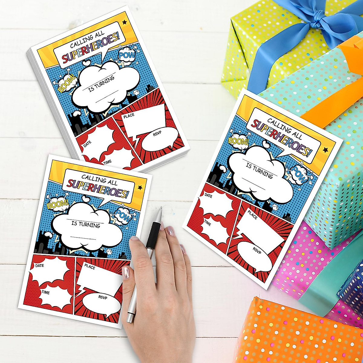 YUEXLL Comic Superhero Birthday Party Invitations Cards with Envelopes, Calling All Superheros Party Invitations, Birthday Celebration Supplies, Double-sided Fill-in bday Invites for Boys Girls- A35