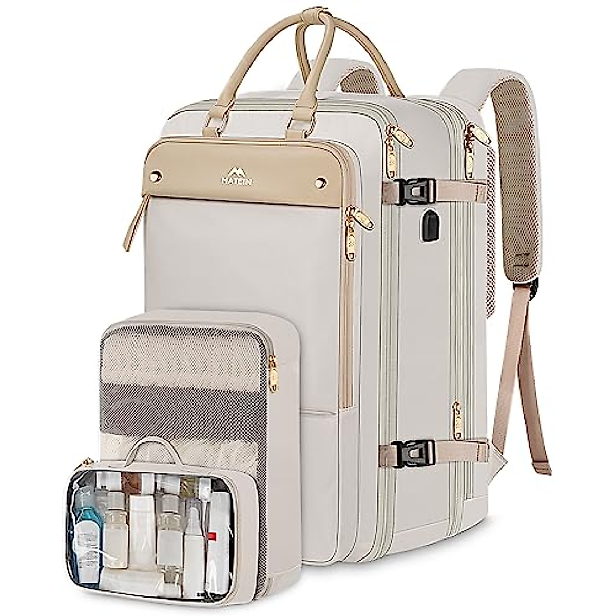 Carry on Backpack for Women, 52L TSA Travel Laptop Backpack with USB Port & Shoes Compartment Fits 17 inch Computer, Extra Large Expandable Flight Approved Weekender Bag with 2 Packing Cubes, Beige