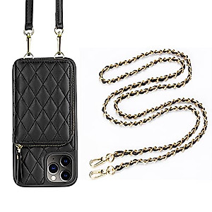 LAMEEKU Designed for iPhone 11 Pro Wallet Case, Case Wallet with Crosbody Leather Strap & Gold Chain Strap Compatible for iPhone 11 Pro-Black