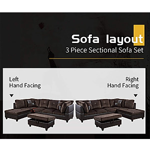 A Ainehome 3 PCS Sectional Sofa Set, L-Shaped Sectional Couch 103" W for Living Room, with Storage Ottoman and Matching Pillows (Left Hand Facing, Chocolate)