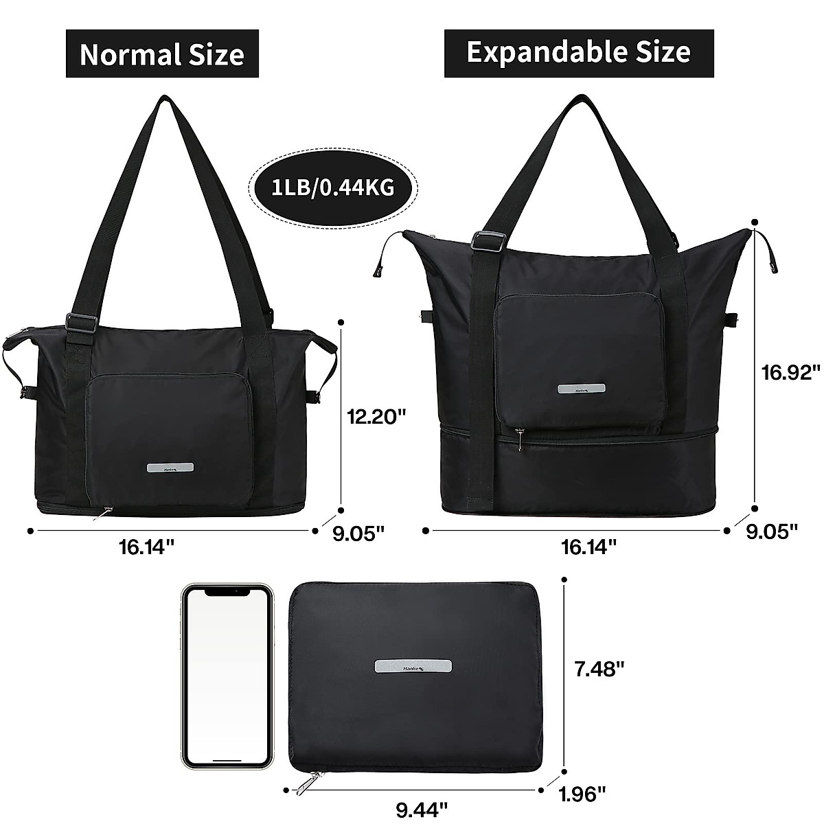 Hanke Expandable Foldable Travel Duffel Bag Collapsible Carry On Bag with Luggage Strap for Airplanes, Water Resistant Weekender Overnight Bag Fits for Men Women