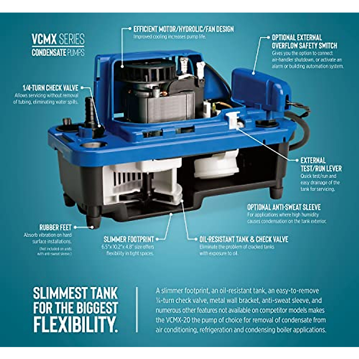 Little Giant VCMX-20ULST 115 Volt, 1/30 HP, 84 GPH Automatic Condensate Removal Pump, 6-Ft. Power Cord, Safety Switch, 20-ft. 3/8-inch Tubing, Blue, 554550