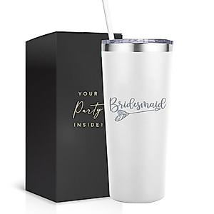 Your Dream Party Shop Bridesmaid Gift Wine Tumbler, 22oz - White Stainless Steel Cup with Straw and Lid, Perfect Bridesmaid Tumbler Proposal Gift
