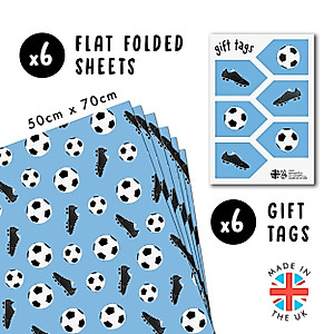 CENTRAL 23 - Fun Wrapping Paper for Boys - 6 Sheets of Birthday Gift Wrap - Football Wrapping Paper - Football Boots - Soccer - For Girls - Blue White - Recyclable