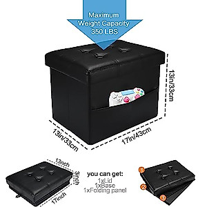 VewePata® Storage Ottoman Foot Rest Footstool with Side Pocket,17 Inch Leather Ottoman with Storage for Living Room or Dorm Storage,Folding Ottoman Padded with Thick Sponge,17X13X13in Black