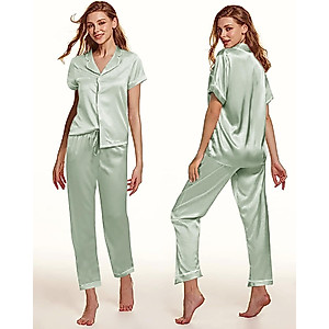 WJing Yi Jia Womens Pajamas Set XS-4XL Silk Satin Pajama Sets Short Pj Sets Button Down Pjs Set Loungewear Sleepwear