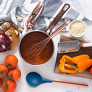 Copper and Blue Silicone Cooking Utensils Set - 17-Piece Set with Copper Utensil Holder and Measuring Cups and Spoons for Stylish Cooking and Baking - Blue Kitchen Decor, Unique Kitchen Gifts