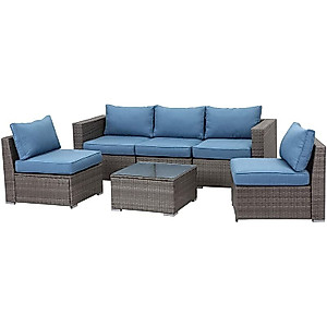 Solaste 6 Piece Patio Furniture Set, Outdoor Sectional Sofa with Tempered Glass Coffee Table, Wicker Rattan Patio Conversation Set with Cushions for Balcony, Backyard, Porch, Lawn, Blue