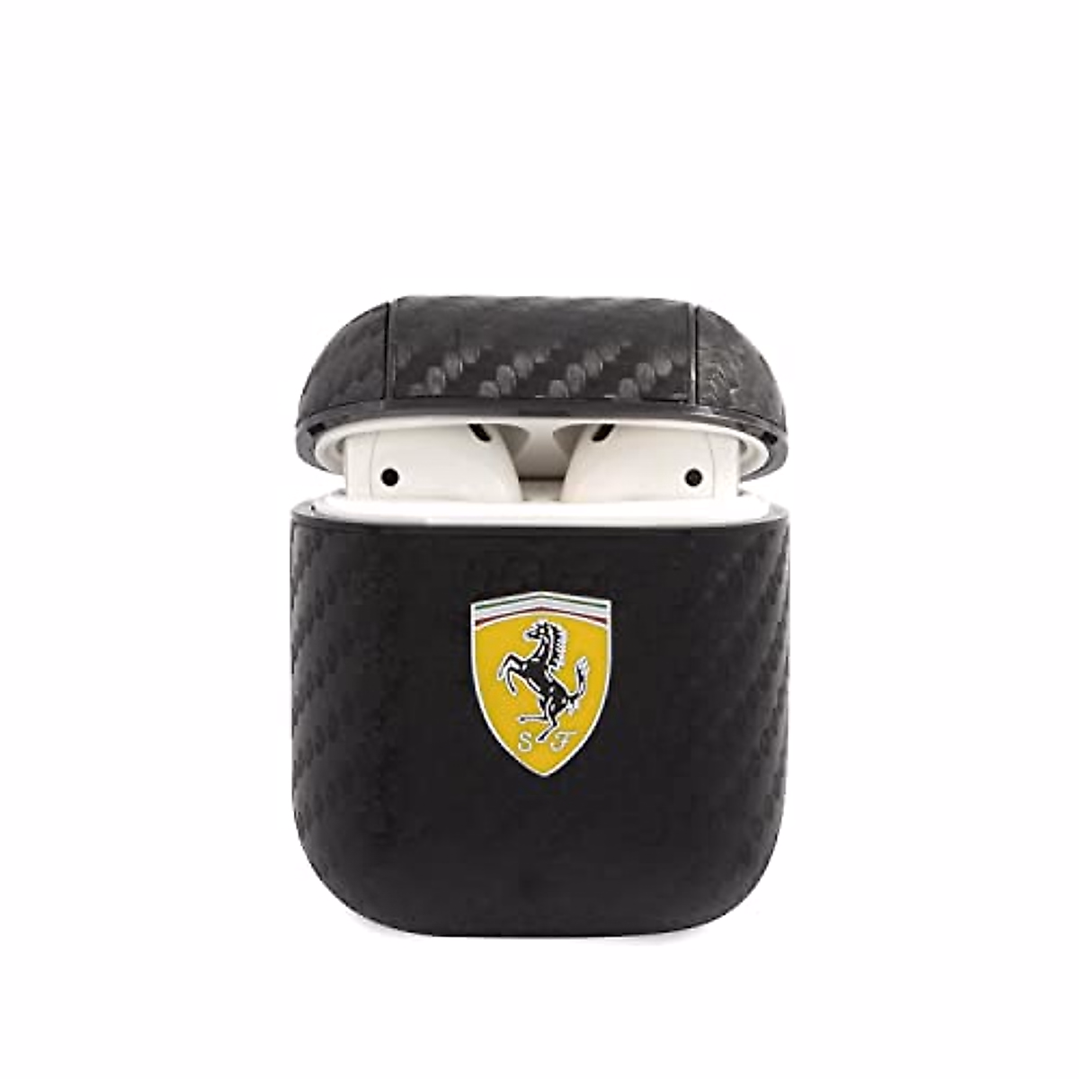 Ferrari AirPods Case Cover in Black On Track, Compatible with Apple AirPods 1 and AirPods 2, PU Carbon Protective Hard Case, Shockproof, Wireless Charging, and Signature Metal Logo