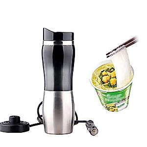 Mengshen Car Electric Mug - 12 Volt 400ML 50W Portable Cigarette Lighter Coffee Cup Kettle Pot Electric Rice Tea Insulated Stainless Steel Heating up to 100 degrees Celsius, CA102 Black