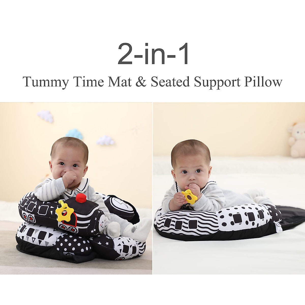 Lovvie & Joy 2-in-1 Tummy Time Mat & Seated Support Pillow,Baby Tummy Time Pillow Support for Newborns and Older Babies,with Detachable Support Pillow and Toys