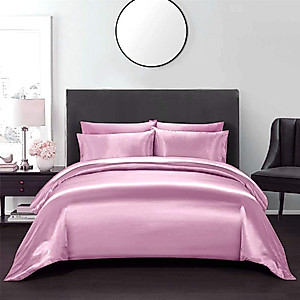Opulence Bedding Silk Satin Duvet Cover Set Queen 3 Piece (Duvet Cover + 2 Pillowcases) Duvet Cover Queen Size Pink Satin Comforter Cover Zipper Closure