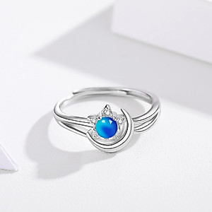 Moon Star Ring 925 Sterling Silver Mood Ring Color Change Rings Open Ring Adjustable Ring Gift for Women