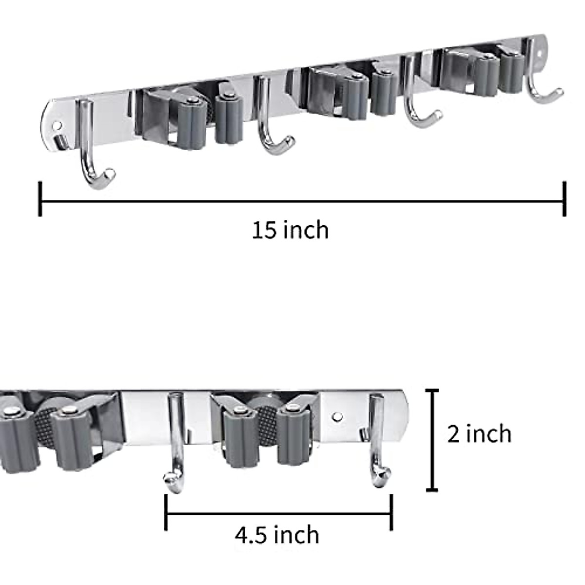 Mop Broom Holder, 4 Hooks and 3 Racks Wall Mount Long Grippers Hanger for Household Easy Storage Clip Racks, No-Slip Utility Hooks Tool Hanger for Home, Bathroom, Kitchen, Garden, Garage