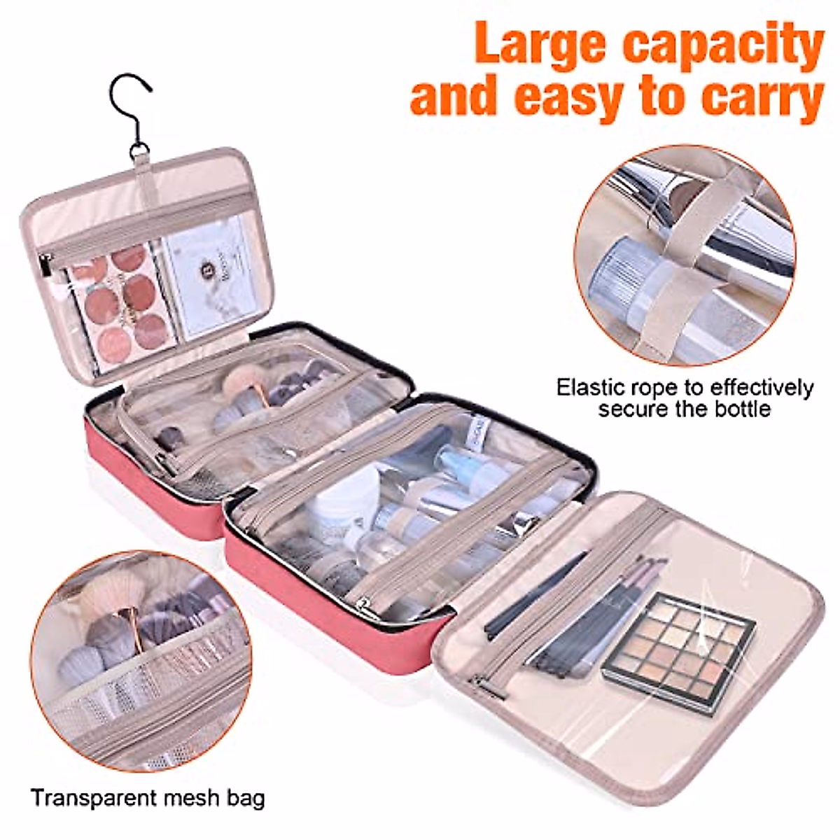 BAGAIL Hanging Toiletry Bag Large Cosmetic Travel Organizer Waterproof Makeup Container Full Sized for women-Coral