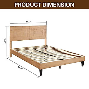 MUSEHOMEINC Mid Century Modern Solid Wood Platform Bed,Queen Size Bed Frame with Adjustable Height Headboard, Wood Slat Support Bed Frame, Bed Frame No Box Spring Needed