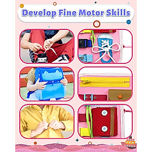 Exorany Busy Board Montessori Toys for Toddlers Sensory Toys Gifts for 1 2 3 4 Year Old Girls & Boys Preschool Toddler Activities Educational Travel Toy Learning Basic Dress Skills (Pink)