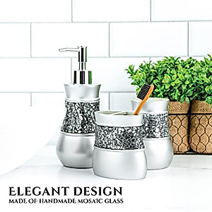 Creative Scents Silver Bathroom Accessories Set complete - Decorative Crackled Glass 6 Piece Bathroom Set Features: Trash Can, Tissue Box Cover, Soap Dispenser, Toothbrush Holder, Soap Dish, & Tumbler