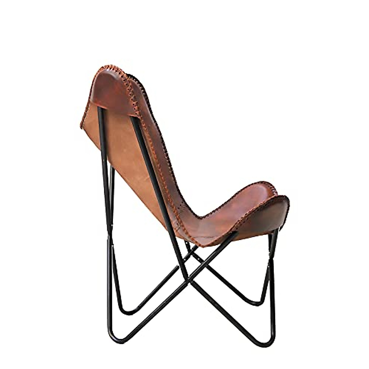 Classy Handmade Dark Brown Leather Butterfly Chair Living Room- Side Hand Stich Leather Chair-Handmade with Powder Coated Folding Black Iron Frame (Cover with Folding Frame)