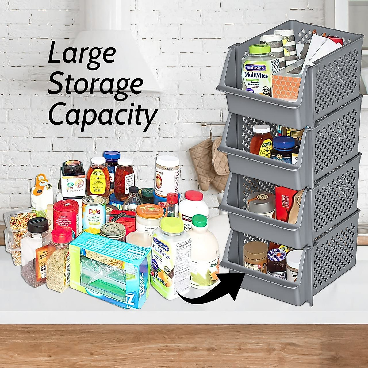 TidyFriend Stackable Storage Bins for Pantry, 4 Pack Stackable Bins For Organizing Food, Kitchen, and Bathroom Essentials (Grey)