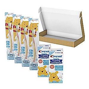 Crest & Oral-B Baby Toothbrush and Toothpaste Training Kit for Infant and Toddler Age 0-3, Fluoride-Free, (2) Gel Toothpastes 1.6 oz ea. + (4) Toothbrushes, Disney's Winnie the Pooh
