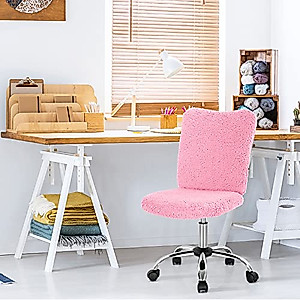 Giantex Faux Fur Office Chair, Armless Home Desk Chair, Height Adjustable Swivel Cute Chair, Middle Back Chair w/Chrome Base, Modern Fuzzy Vanity Chair, Rolling Task Chair for Study Bedroom (Pink)