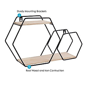 Houseables Hexagon Shelves, Wall Hanging, 16”x9”x4”, Small Wood, Black Iron, Metal Wire, Boho Geometric Honeycomb Shelf for Bathroom, Bedroom, Kitchen, Office, Storage, Plants, and Home Decor
