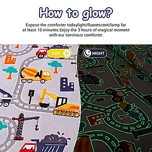 Mooreeke Glow in The Dark Twin Plush Fleece Comforter Bed Set, Soft & Warm 2 Piece Bed in A Bag with Sham, Velour Velvet Grey Excavator Highway Boys Kids Bedding Set, Fluffy Fuzzy Polar Cozy