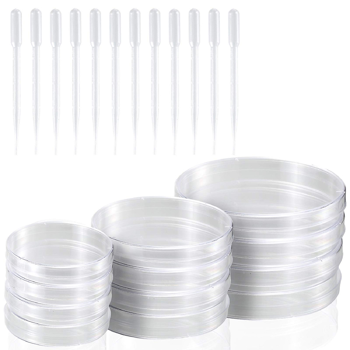 Young4us Petri Dish Set with Lids, 12 Pack Sterile Petri Plates in 3 Sizes with 12 Pack 3ml Plastic Dropper Pasteur Pipettes for Lab, Experiment, Biology, Microbiology Studies (Pack of 24)