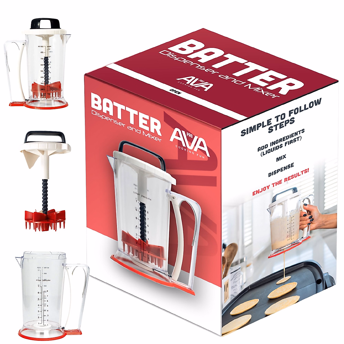 AVAPRO Batter Dispenser and Mixer 3in1 essential tool for measuring, dispensing and mixing batter for pancakes, crepes and other thin batters, quick and easy, no mess, 900ml Pancake Batter Dispenser.
