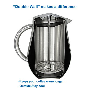 SterlingPro Classic European Stlye Doublewall Stainless Steel Mirror Finish French Coffee Press, 35-ounce