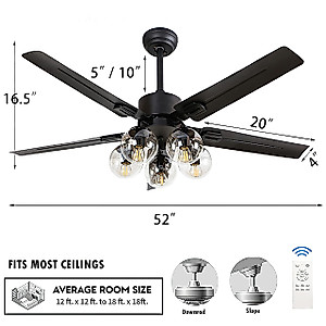 Black Ceiling Fan with Light and Remote 6 Speed Mute Metal Reversible Blades 5 Light 52" for Indoor Industrial Rustic Farmhouse Bedroom Living Room Dining Room