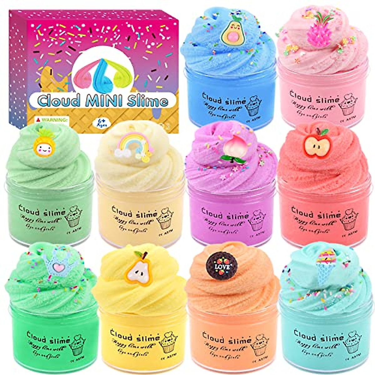 Scented Cloud Slime Kit 10 Pack, with Peach, Apple, Rainbow and Pineapple Cute Slime Charms, Soft and Non-Sticky, for Kids Party Fun Stress Relief Toy